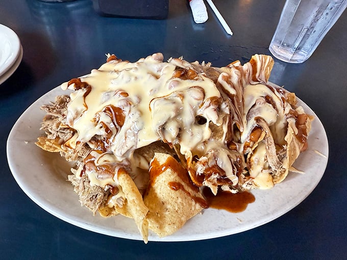 Nachos that require a topographical map to navigate—layers of pulled pork, cheese, and sauce creating delicious terrain worth exploring.