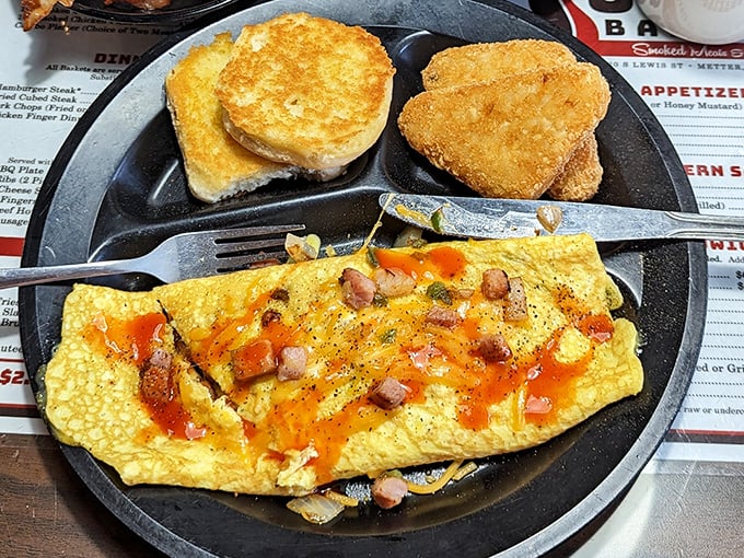 Breakfast at a BBQ joint? This omelet stuffed with smoky goodness proves Jomax doesn't just do lunch right – they understand morning hunger too.