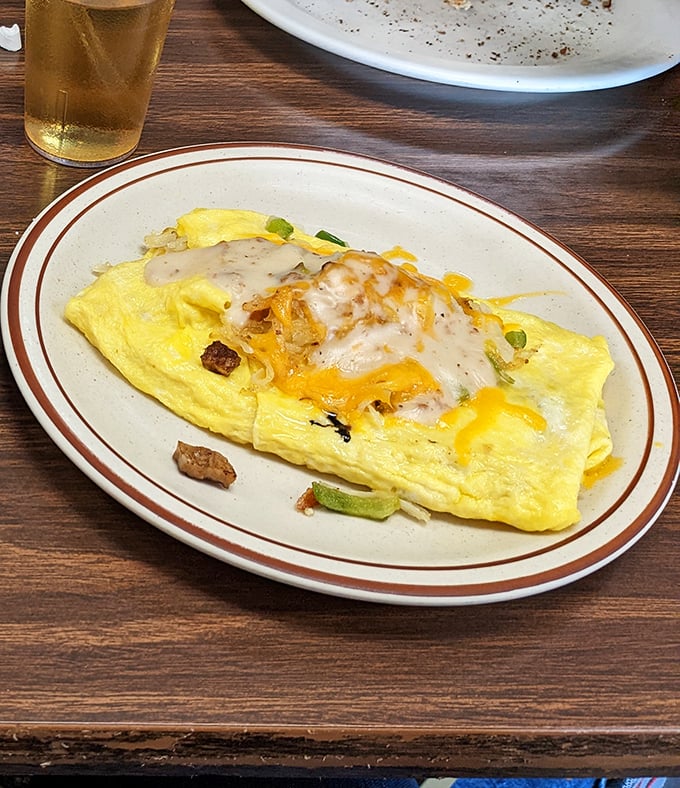 This omelet doesn't just sit on the plate—it lounges, confident in its cheesy glory. Those green peppers and bits of meat aren't ingredients; they're supporting actors in a breakfast drama.