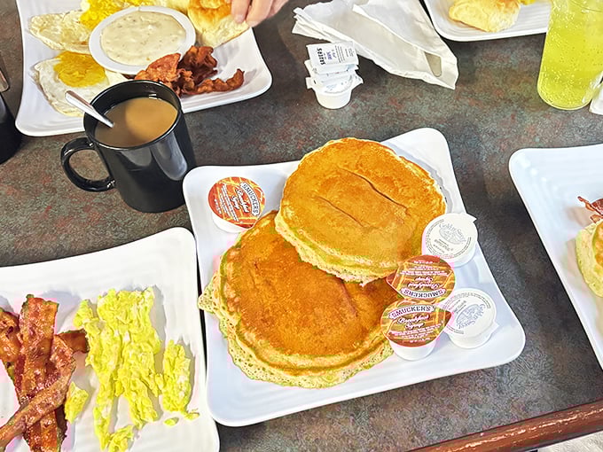 Golden pancakes stacked high, crispy bacon, and eggs that actually taste like eggs—breakfast doesn't need to be complicated to be transcendent.