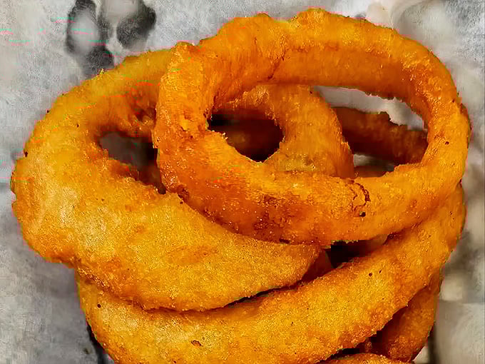 These onion rings aren't just fried—they're transformed into crispy golden halos that make you question why vegetables ever bothered growing any other way.