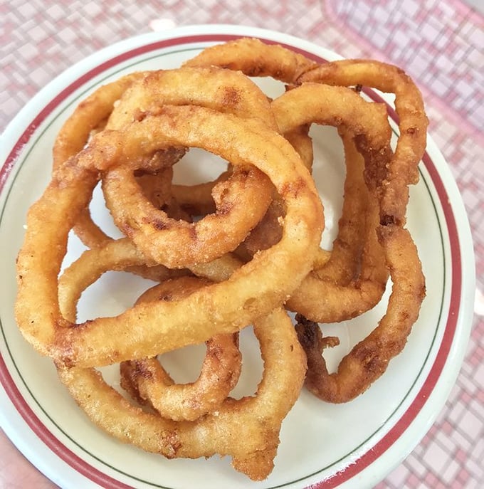 Golden halos of happiness—these onion rings achieve that perfect balance of crispy exterior and sweet, tender interior that makes you forget your table manners.