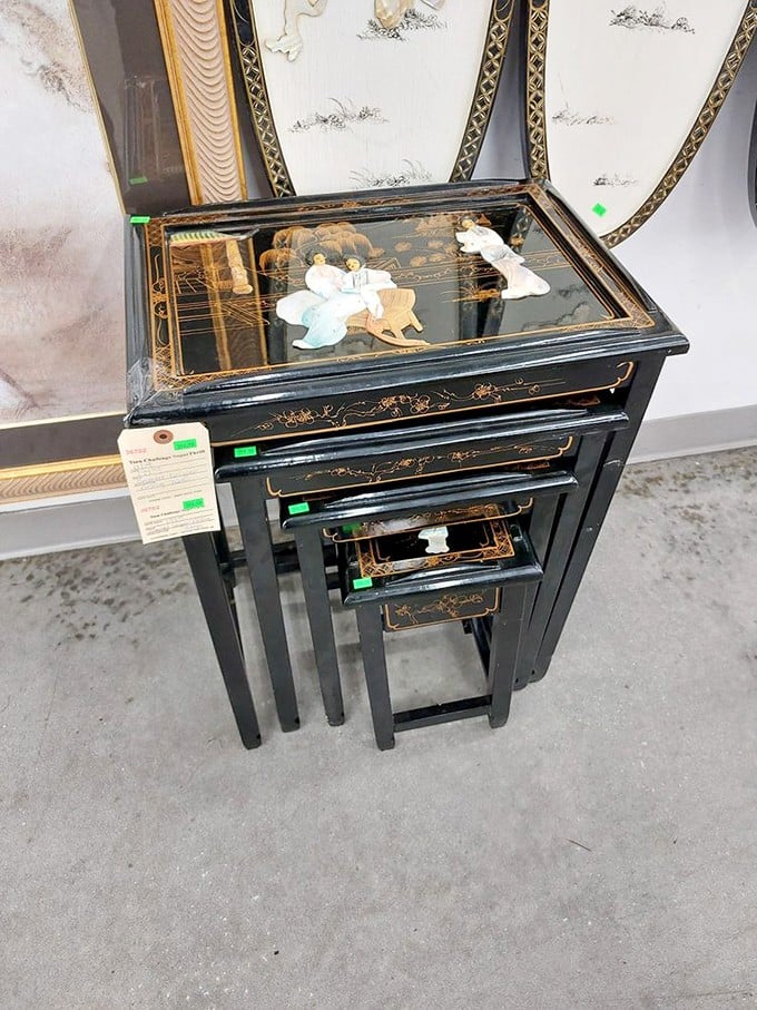Nesting tables with Asian-inspired artistry—the Russian dolls of furniture world. Perfect for the home decorator with space constraints and exotic taste.
