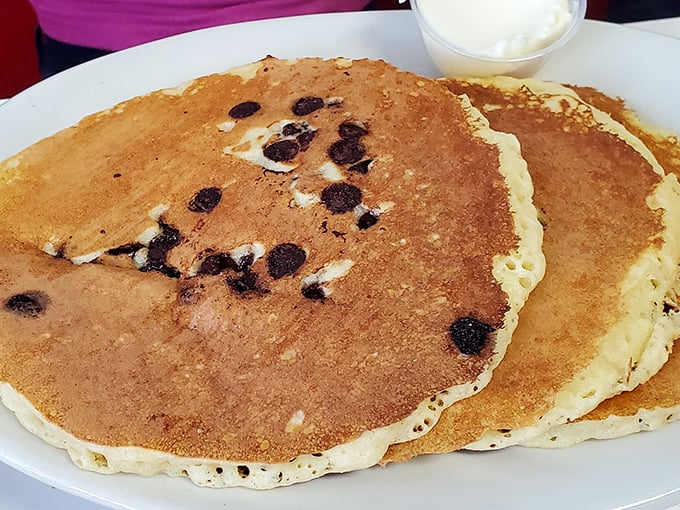 These chocolate chip pancakes aren't just breakfast, they're an engineering marvel – managing to be both fluffy and substantial. The breakfast equivalent of a weighted blanket.