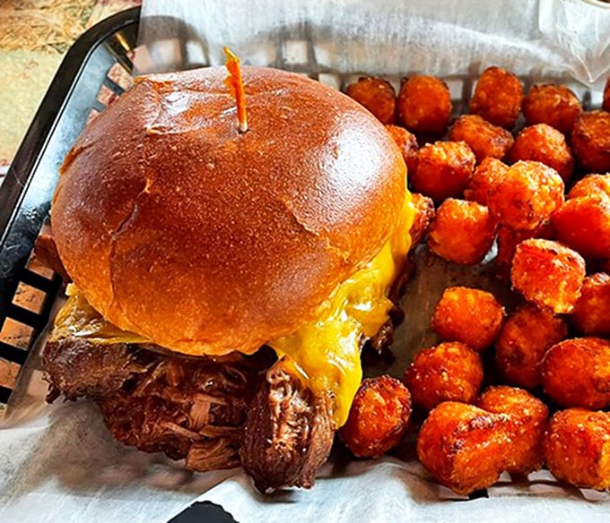 The pot roast sandwich brings Sunday dinner energy to any day of the week, with tots as golden backup dancers.