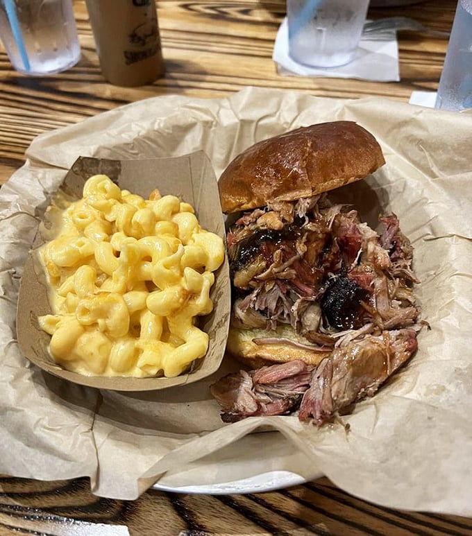 The pulled pork sandwich looks like it's having a serious conversation with that mac and cheese about which one you'll fall in love with first.