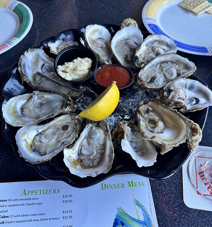 Raw oysters on ice, glistening like edible jewelry – nature's way of saying "treat yourself" without the guilt.