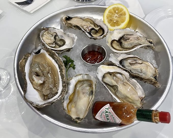 Fresh oysters on ice—nature's perfect appetizer. These briny treasures need nothing more than a squeeze of lemon and a moment of appreciation.