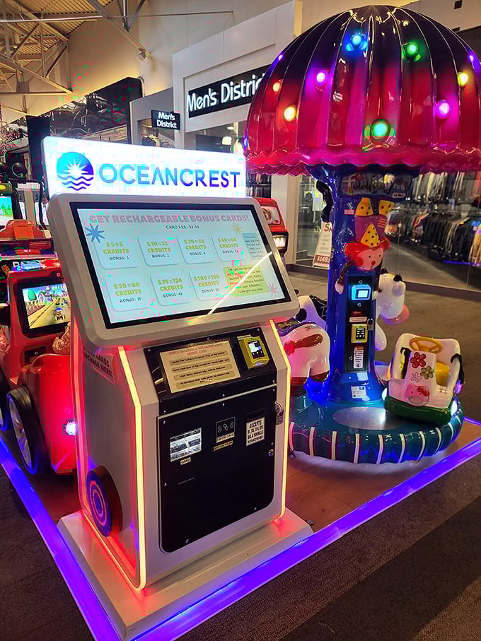 5. Between shopping sprints, the arcade area offers a neon-lit respite where you can trade retail therapy for some button-mashing joy.