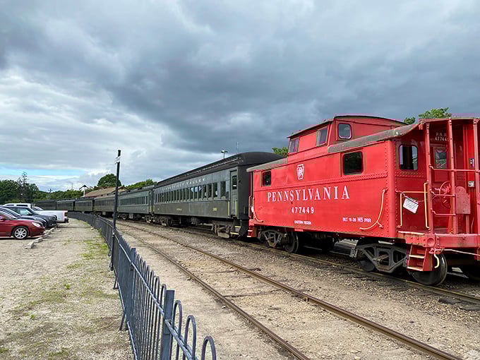 The Pennsylvania caboose—railroad royalty in brilliant red. Once the office, kitchen and bedroom for hardworking crews, now a rolling piece of American history.