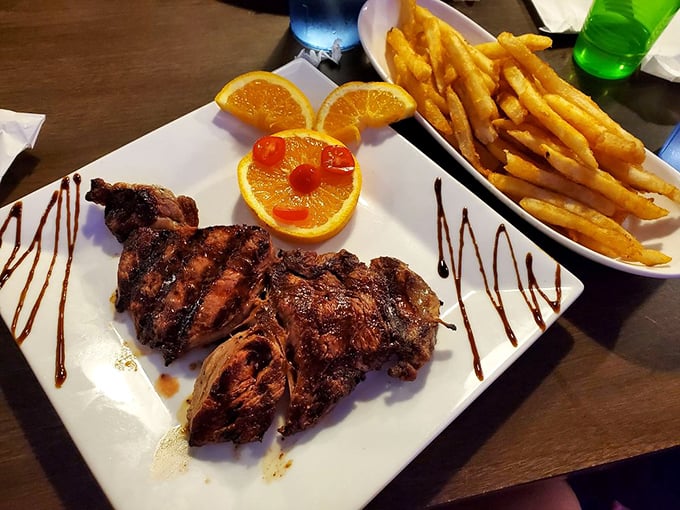 For the land-lovers, a perfectly grilled ribeye with artistic sauce presentation. Because sometimes even at a seafood paradise, a carnivore needs options.