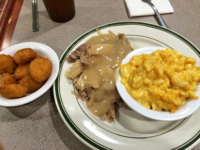 Turkey dinner that looks like Norman Rockwell himself plated it—complete with mac and cheese that's practically glowing with cheesy promise.