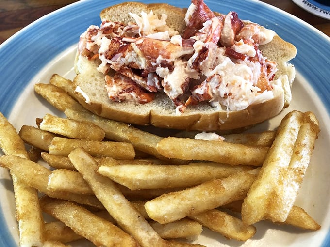 This lobster roll doesn't need a fancy introduction—chunks of sweet meat barely contained by a buttered roll, with fries standing by for the encore.