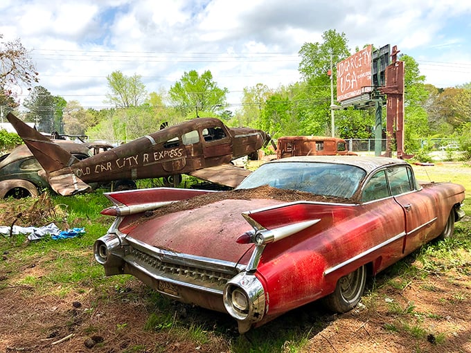 The quintessential American dream, parked forever. This Cadillac's magnificent tail fins recall an era when cars weren't just transportation—they were statements.