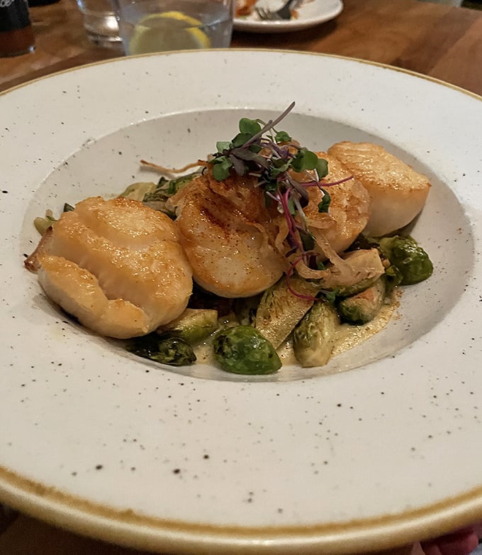 Plump, golden scallops nestled among Brussels sprouts – proof that sometimes the simplest preparations yield the most divine results.