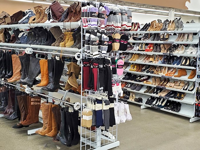 Boot boulevard meets stiletto street in this footwear fantasyland where leather riding boots neighbor with barely-worn wedding heels.