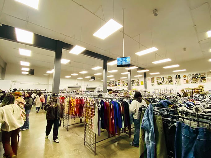 Organized chaos at its finest—shoppers navigate the clothing forest with practiced eyes, scanning for that needle-in-a-haystack vintage gem.