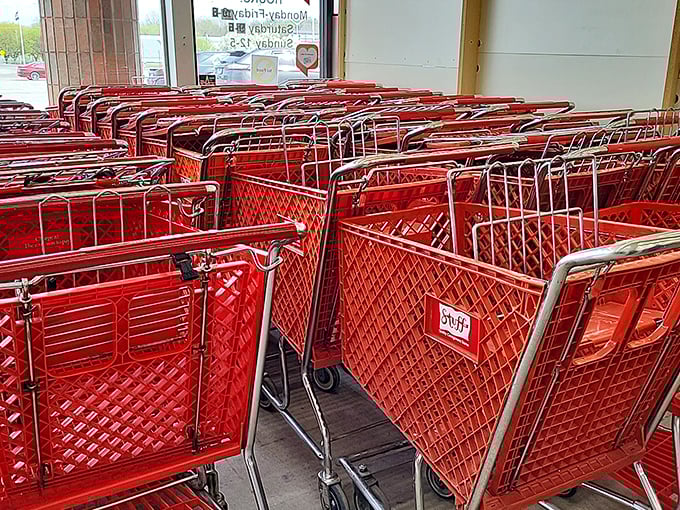The red cart brigade stands ready for action—your first clue that this is no ordinary "pop in for five minutes" shopping experience.