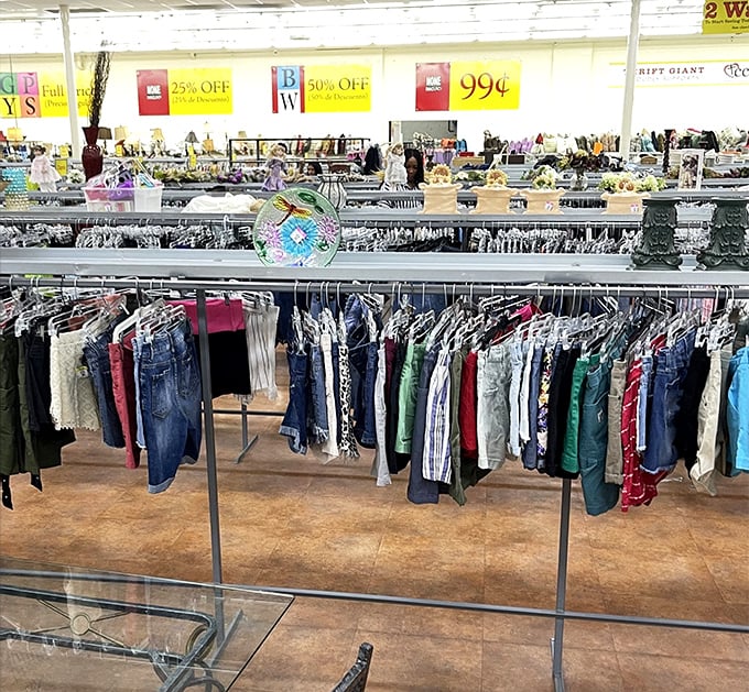 The color-coded tag system turns shopping into strategy. Yellow means 99¢, while other colors offer different discounts on different days.