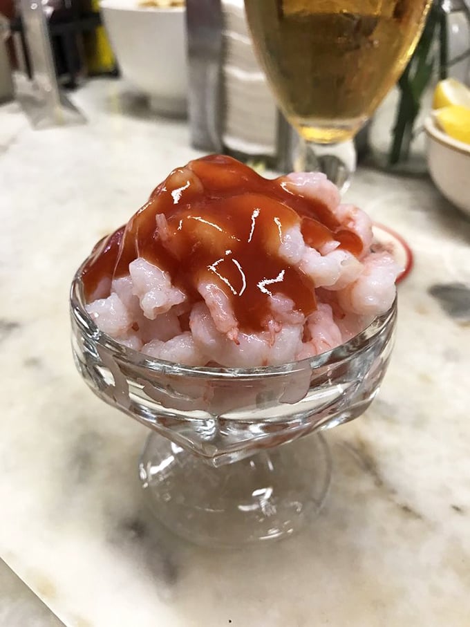 Bay shrimp cocktail – tiny pink jewels of the sea, swimming in just enough cocktail sauce to complement, not overwhelm. Simplicity that speaks volumes.