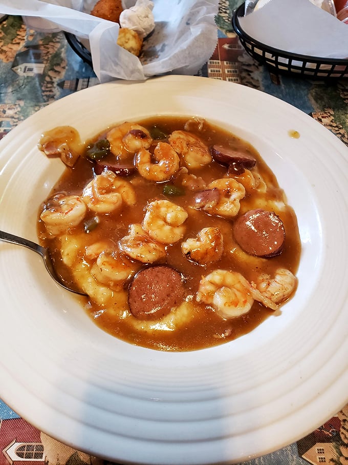 Shrimp and sausage swimming in savory broth—a Lowcountry symphony in a bowl. Each spoonful delivers a perfect harmony of land and sea.