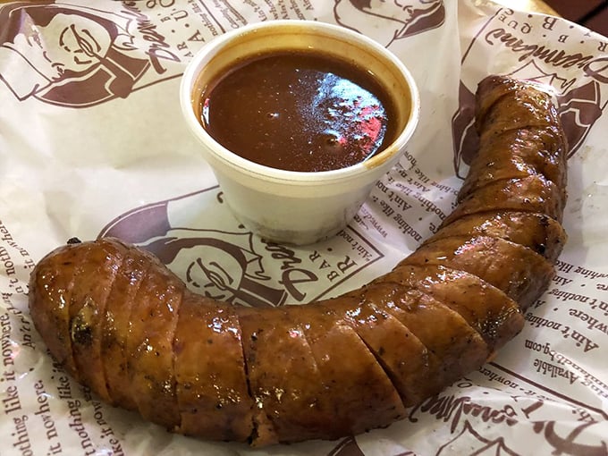 The humble sausage, elevated to art form. That smoke ring isn't just for show—it's the barbecue equivalent of a Michelin star.