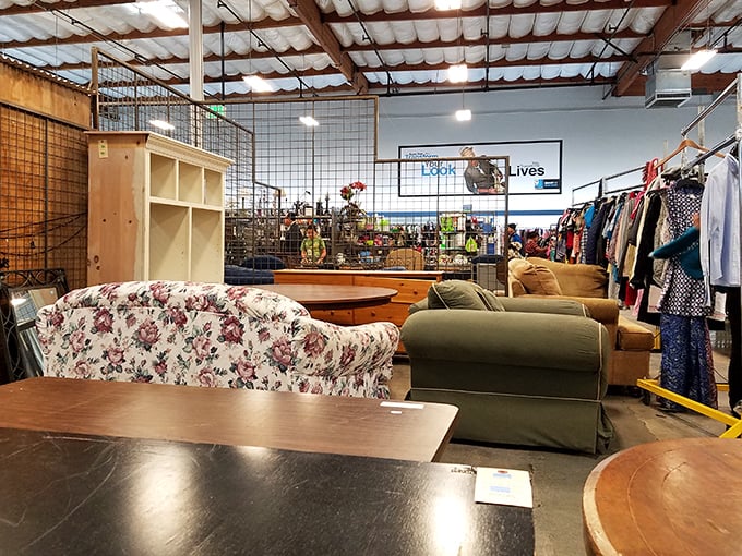 The furniture area offers dramatic transformation potential—where DIY enthusiasts mentally strip away outdated finishes to envision the beautiful bones beneath.