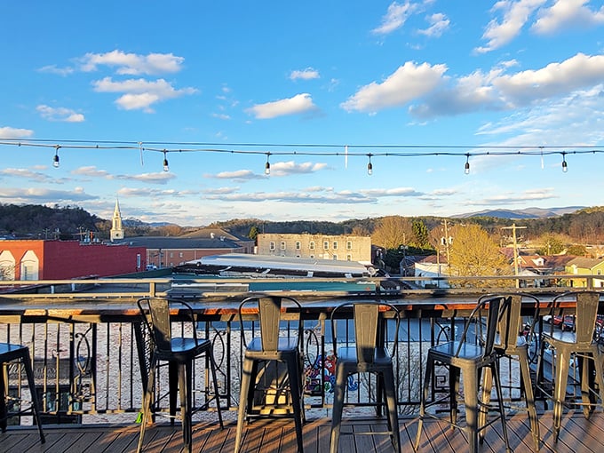 This rooftop view offers the perfect marriage of mountain vistas and comfortable seating—like stadium seats for nature's greatest show.