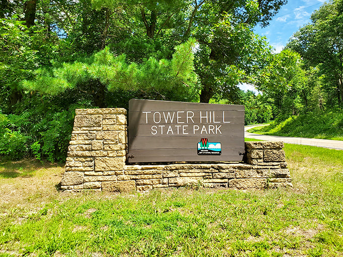 Tower Hill State Park's entrance sign doesn't begin to hint at the panoramic views waiting just a short hike away.