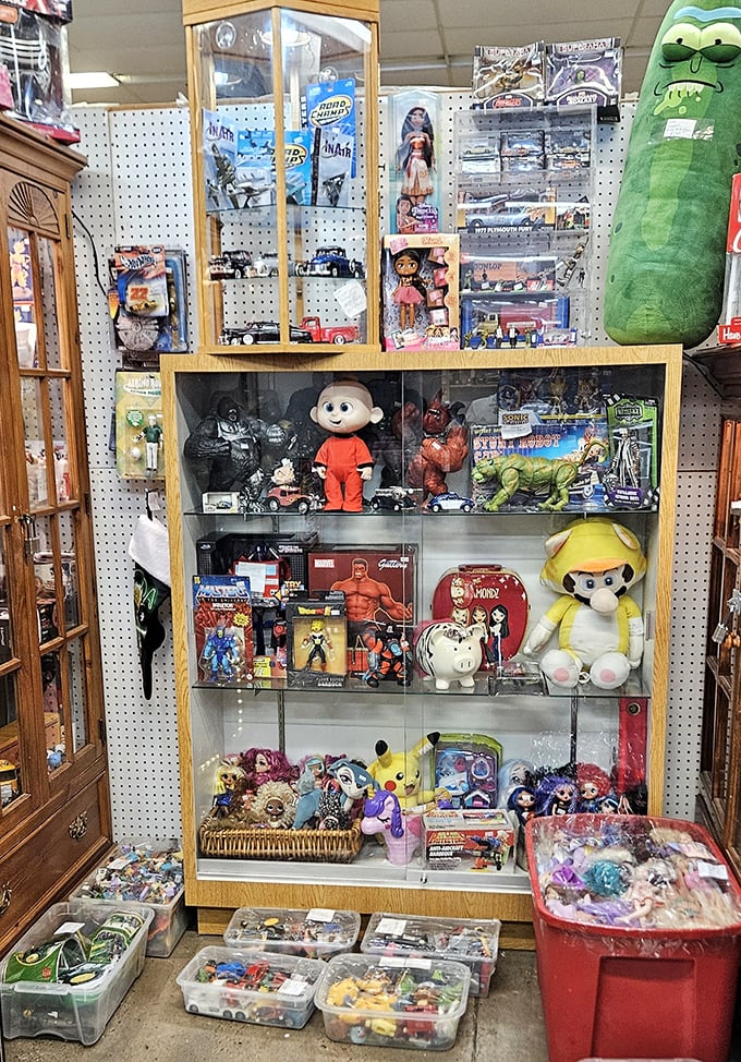 Childhood nostalgia locked behind glass – from collectible action figures to plush companions waiting for their forever homes.