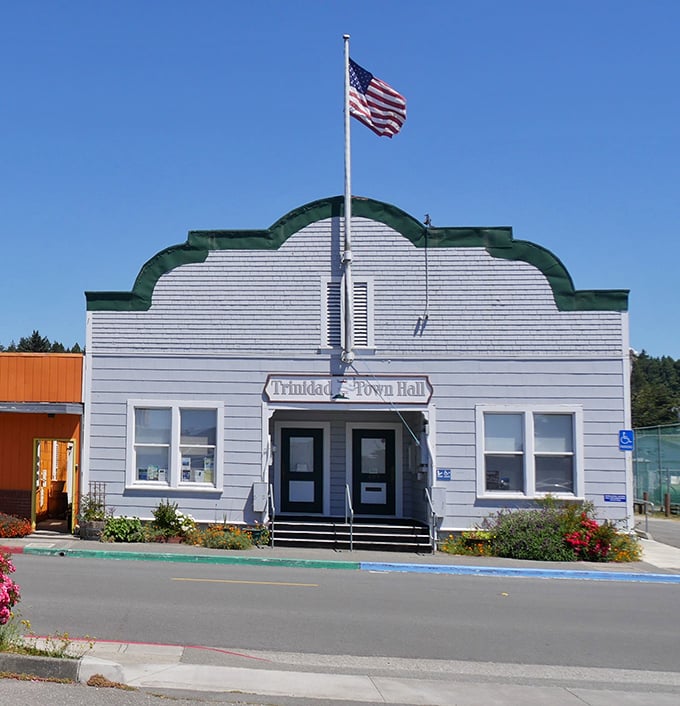 Trinidad's Town Hall stands as proudly as a local who's finally perfected their sourdough starter – a charming architectural confection topped with that distinctive green trim.
