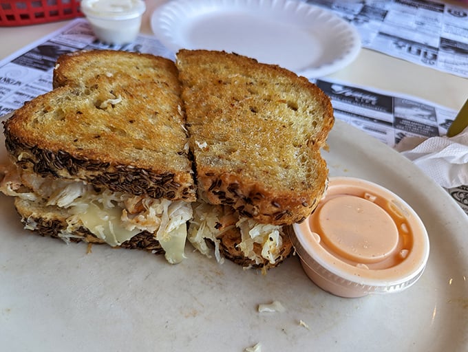 The Turkey Reuben arrives like a delicious architectural achievement – layers of sauerkraut and turkey between perfectly grilled bread that would make Cleveland proud.