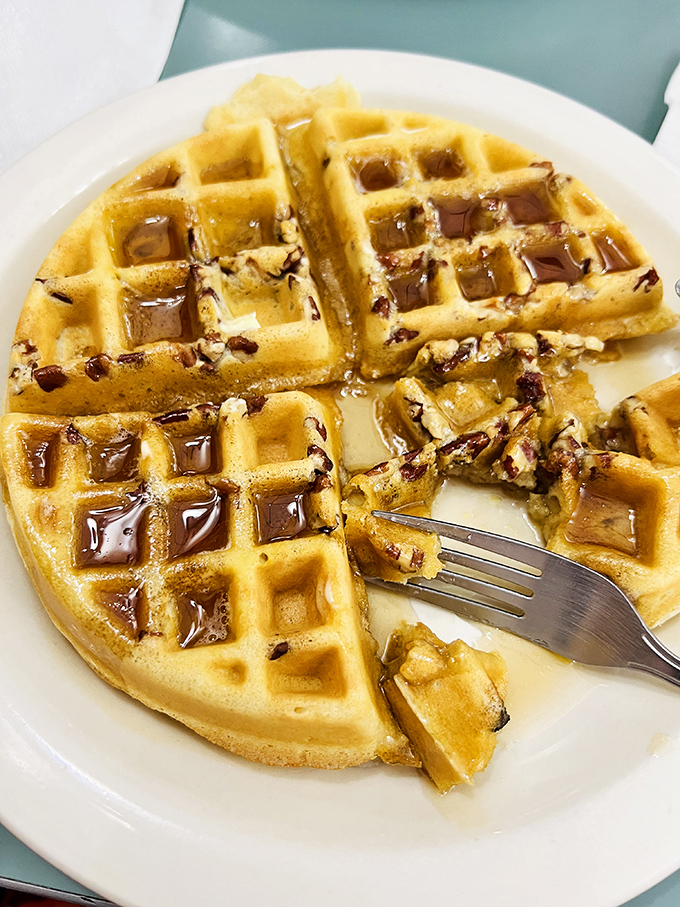 Waffle perfection that makes you question your life choices. Why haven't I been eating chocolate chip waffles every morning of my existence?