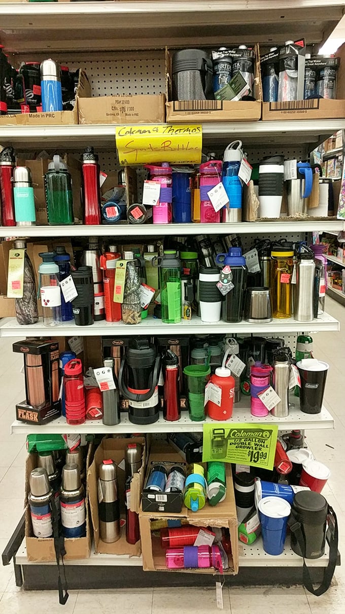 A hydration station of epic proportions – where name-brand thermoses and water bottles gather like a support group for overproduced merchandise.