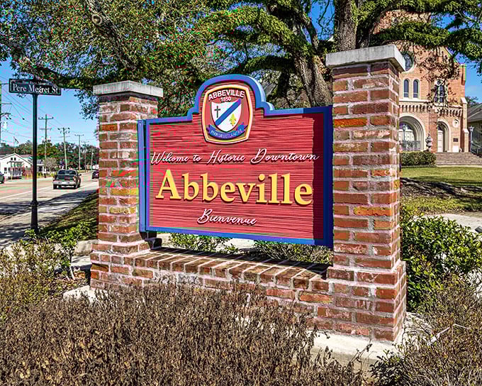 Brick, mortar, and Southern hospitality—Abbeville's welcome sign promises the historic downtown experience that modern developers try desperately to replicate.