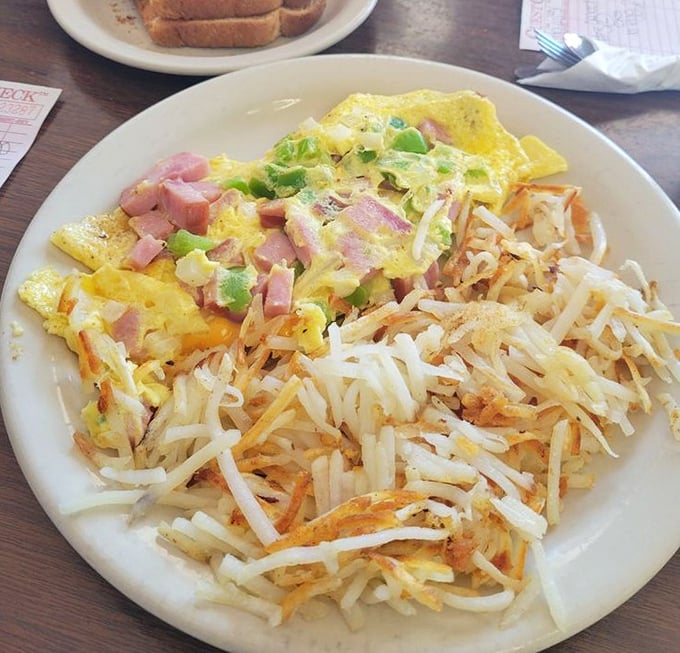 The Western omelet and hash browns—a dynamic duo that puts most superhero partnerships to shame. Crispy, fluffy, savory perfection on a plate.