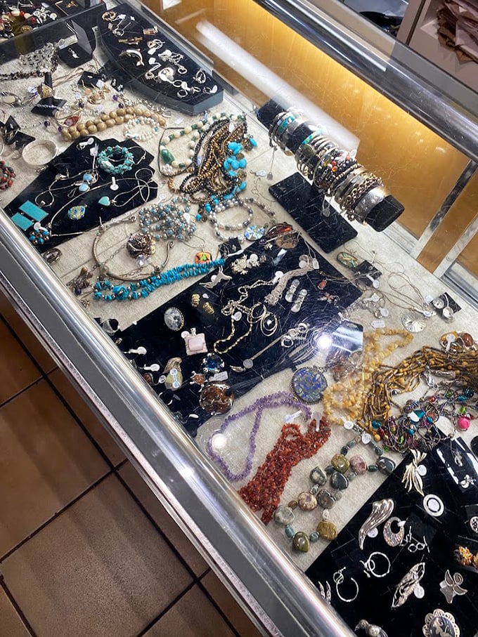 The jewelry case—where costume pieces that once accessorized nights at the Copacabana mingle with turquoise treasures worthy of a Southwestern road trip.