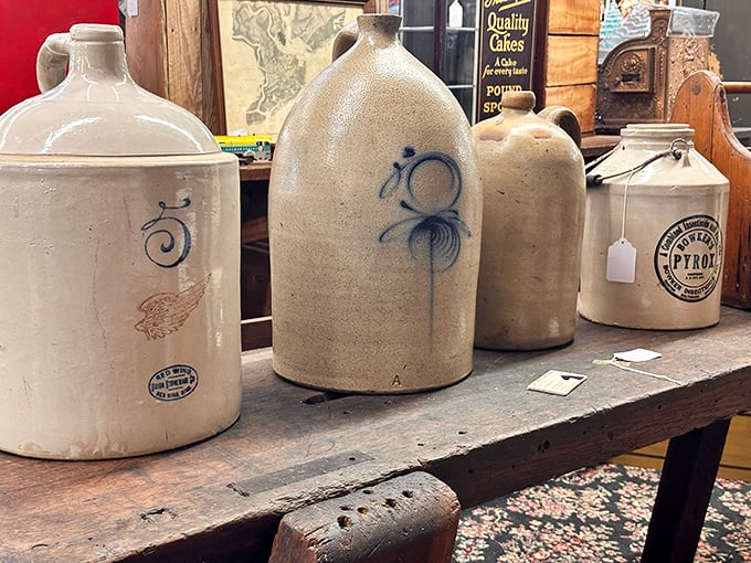 These stoneware jugs have seen more history than your high school textbook. Each one whispers stories of root cellars and homemade remedies.