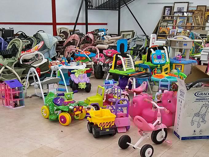 A rainbow explosion of childhood joy awaits in the toy section. One person's outgrown plaything becomes another family's rainy day salvation.