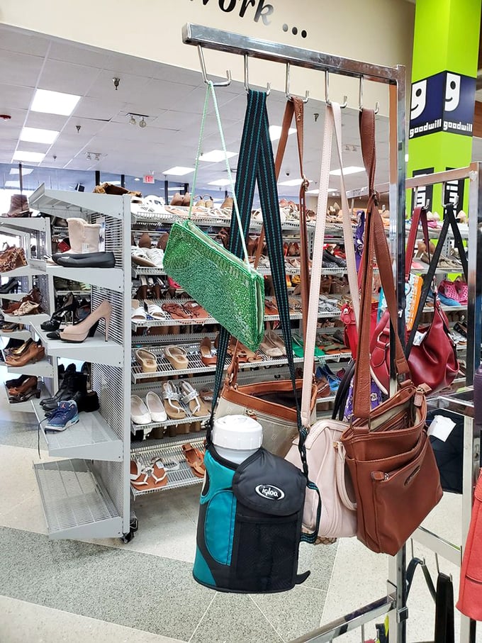 Handbag heaven awaits with options ranging from practical totes to evening clutches. That green sparkly number could tell stories if purses could talk.
