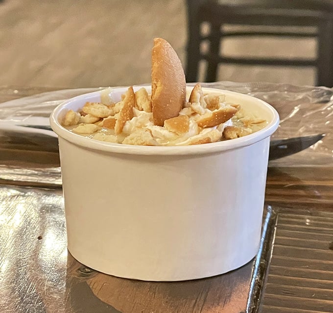 Banana pudding that would make your grandmother both proud and jealous. Those vanilla wafers aren't just garnish—they're the crown jewels.