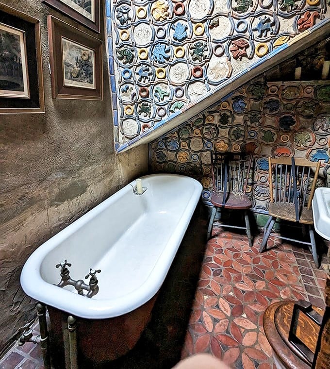 Even the bathroom got the royal treatment – those colorful tiles would make any shower singing sound more majestic.