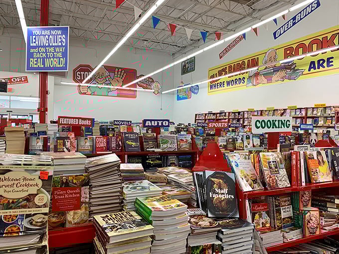 The book section rivals small-town libraries, with prices that make bibliophiles weep tears of joy. That "leaving the real world" sign speaks truth.