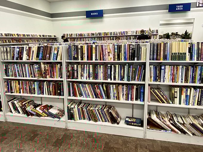 The book section—where dog-eared paperbacks and forgotten bestsellers create a library of possibilities for just pocket change.