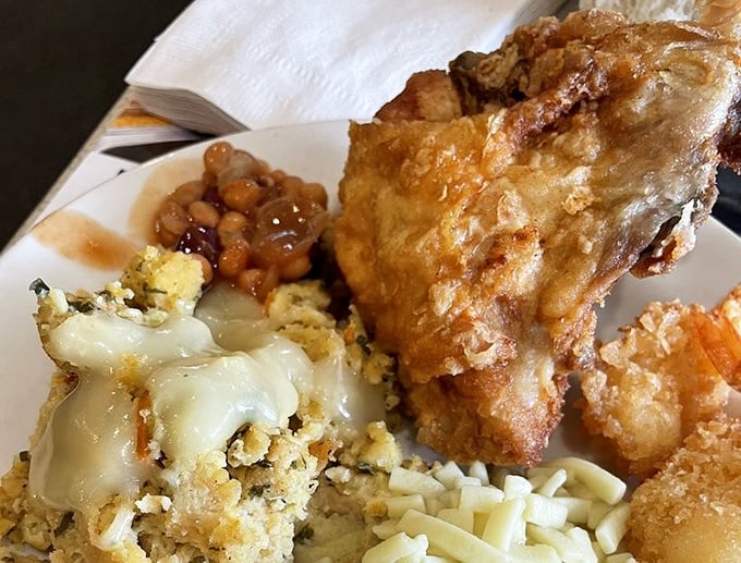Broasted chicken with all the fixings—proof that sometimes the best things in life aren't deep-fried, they're broasted. Golden perfection meets homestyle sides.