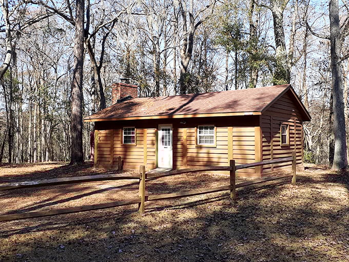 This rustic cabin looks like it belongs in a storybook, not just a state park. Goldilocks would approve—it's just right.