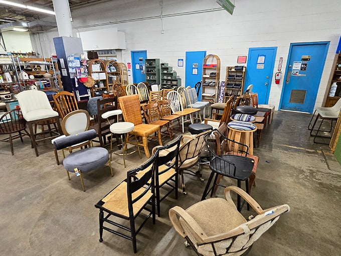 The chair section resembles a peculiar family reunion where everyone's related but nobody quite matches—yet somehow, it works beautifully.