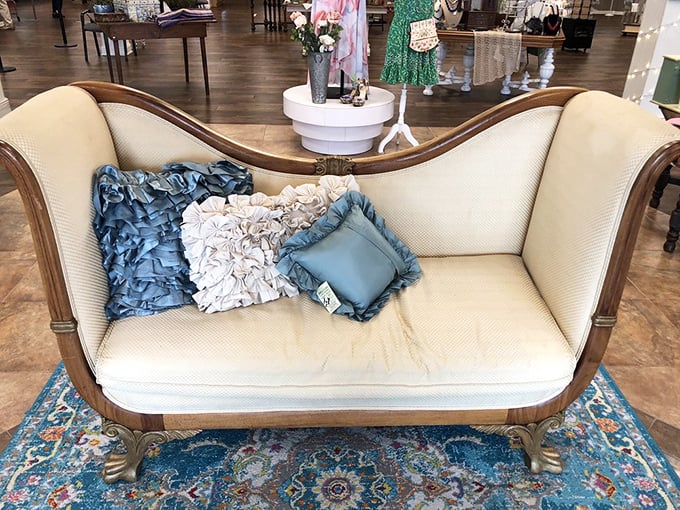 This isn't just a sofa—it's a Victorian fainting couch for when you discover something costs only $5. Elegance doesn't always require a trust fund.
