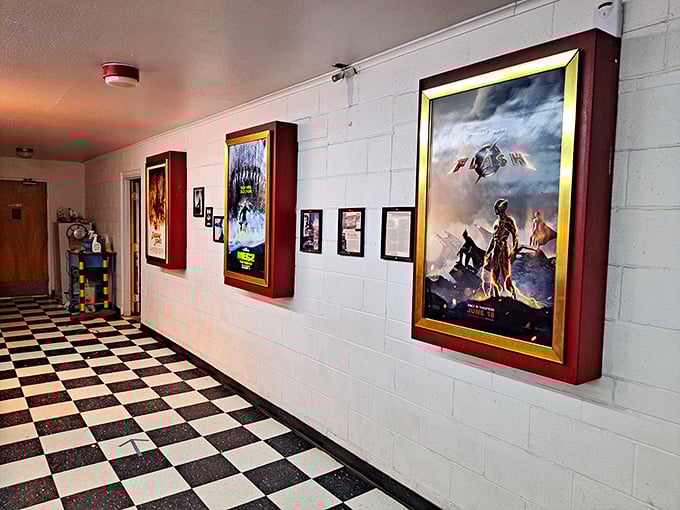 Classic movie posters line the checkered hallway, each one a reminder of Hollywood magic that's best experienced communally.