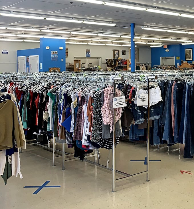 Clothing racks stretch into the distance, proving that style doesn't require selling your plasma for cash.